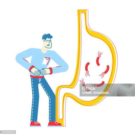 위장학 개념 환자 캐릭터 만지는 아픈 배 통증의 고통은 헬리코박터와 위염 질병을 유발합니다 복통 복통 선형 사람 벡터 일러스트레이션 감정에 대한 스톡 벡터 아트 및 기타