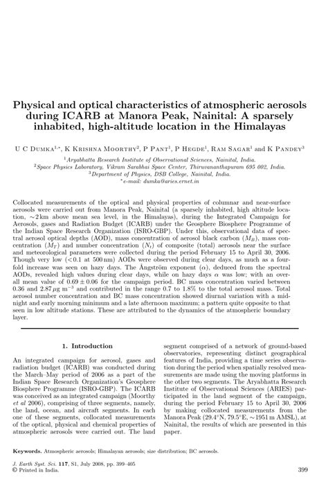 Pdf Physical And Optical Characteristics Of Atmospheric Aerosols During Icarb At Manora Peak