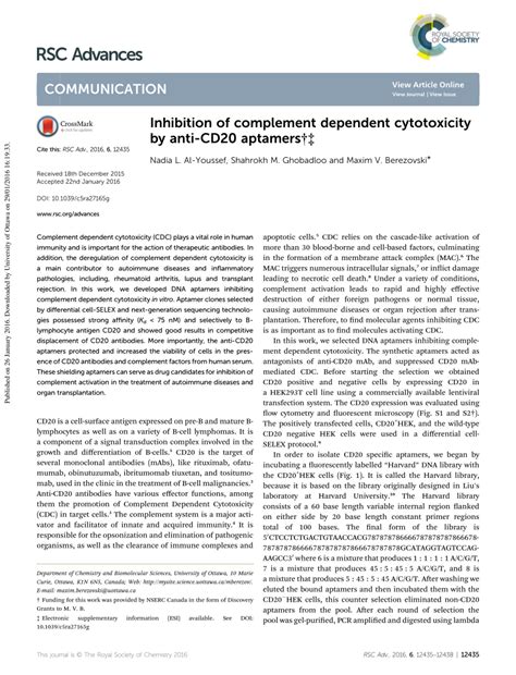 Pdf Inhibition Of Complement Dependent Cytotoxicity By Anti Cd20 Aptamers
