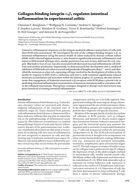 Pdf Collagen Binding Integrin 11 Regulates Intestinal
