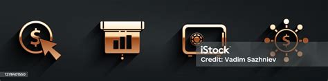 커서 및 동전 그래프 차트 다이어그램 인포그래픽 안전 및 달러 공유 긴 그림자가 있는 네트워크 아이콘을 설정합니다 벡터 비즈니스에 대한 스톡 벡터 아트 및 기타 이미지