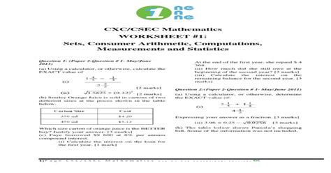 Download Pdf Csec Math Worksheet 1