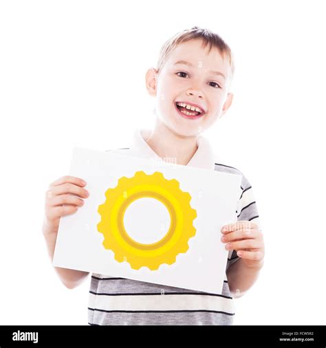 Happy Boy With Gear Wheel Sign Stock Photo Alamy