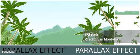 열대 정글 풍경 식물 관목과 야자수 만화 플랫 스타일 수평선의 산들 배경 그림 시차 효과가있는 오버레이를위한 레이어의 이미지 벡터 우림에 대한 스톡 벡터 아트 및 기타