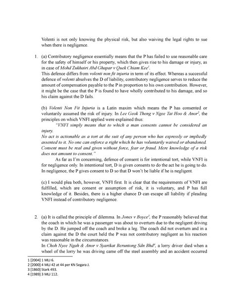 Tort Week Tutorial For Week Volenti Is Not Only Knowing The Physical Risk But Also