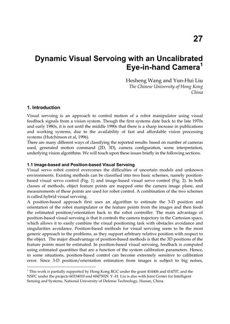 Pdf Dynamic Visual Servoing With An Uncalibrated Eye In Hand Camera