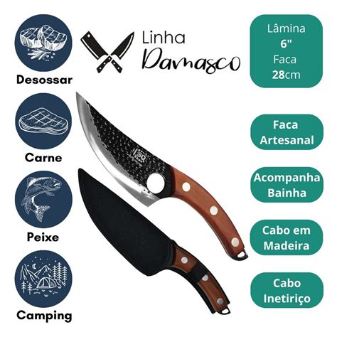 Faca Artesanal Damasco Gourmet Curva 6 Lâmina Aço Inox C Cabo Madeira
