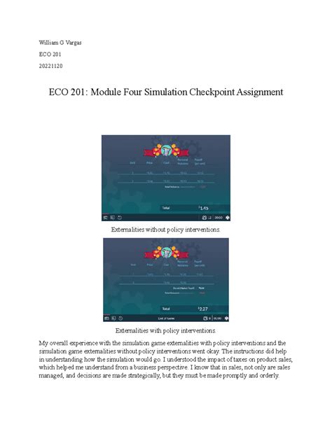 ECO 201 Module Four Simulation Checkpoint Assignment William G Vargas
