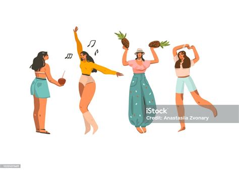 손으로 그린 벡터 추상 적 스톡 그래픽 여름 시간 일러스트 컬렉션 세트 젊은 웃는 여성과 함께 흰색 배경에 고립 된 재미 격리에
