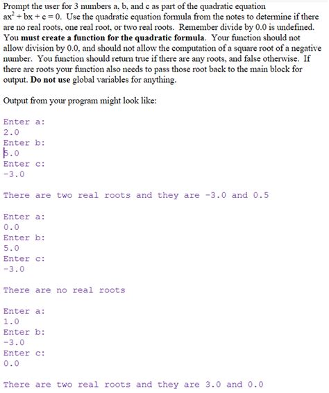 solved prompt the user for 3 numbers a b and c as part of