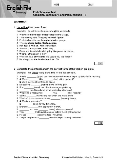 Ef4e Elem End Of Course Test B Grammar Vocabulary And Pronunciation
