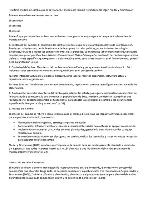 El Último Modelo De Cambio Que Se Revisará Es El Modelo De Cambio Organizacional Según Nieder Y