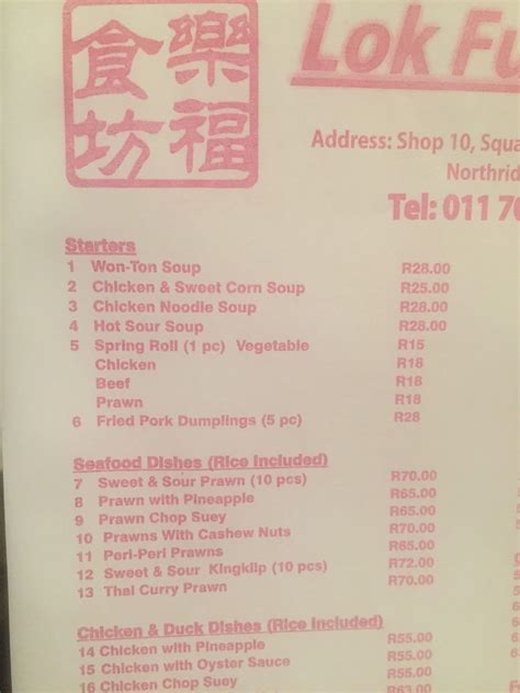 Menu At Lok Fu Northriding Restaurant Johannesburg