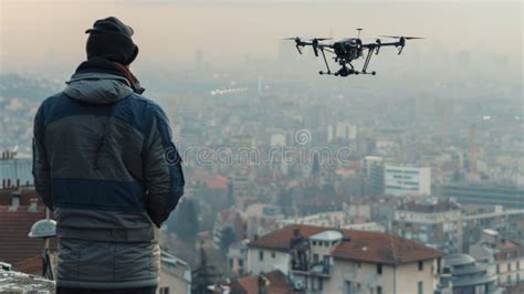 Man Controlling A Drone In Urban Environment During A Misty Morning Stock Image Image Of Pilot