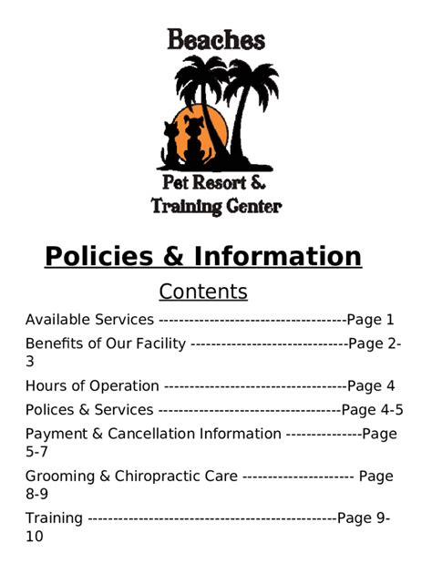 Services Available At Beaches Day Socialization Doc Template Pdffiller