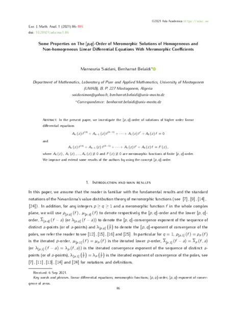 Pdf Some Properties On The [p Q] Order Of Meromorphic Solutions Of Homogeneous And Non