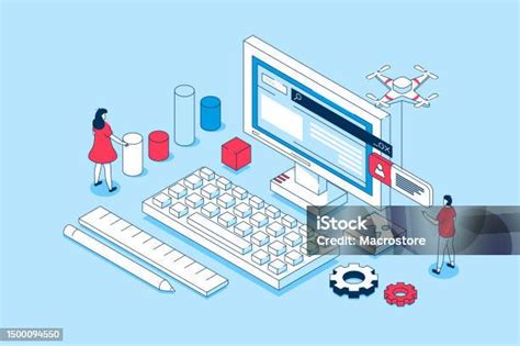 3d 아이소메트릭 디자인의 프로그래밍 개념입니다 코드 또는 스크립트로 작업하고 소프트웨어를 만들고 프로토타이핑하고 최적화