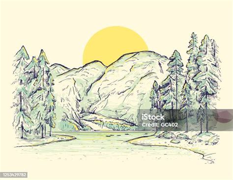 브레이스 레이크 돌로미티 사우스 티롤 이탈리아 산 호수 태양 전나무 나무벡터 스케치 풍경 손으로 그린 여행 컨셉 일러스트 0명에