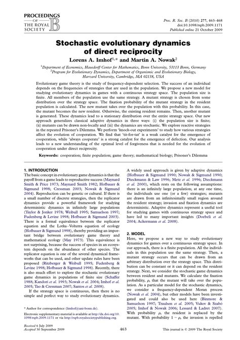 Pdf Stochastic Evolutionary Dynamics Of Direct Reciprocity