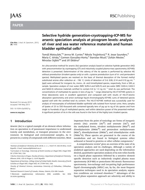 Pdf Selective Hydride Generation Cryotrapping Icp Ms For Arsenic Speciation Analysis At