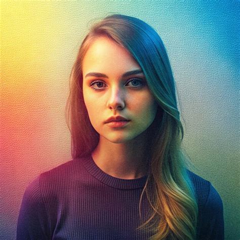 A Girl With Long Blonde Hair And A Blue Shirt With A Yellow And Blue