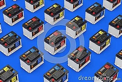 Rows Of Rechargeable Car Battery 12V Accumulators With Abstract Label