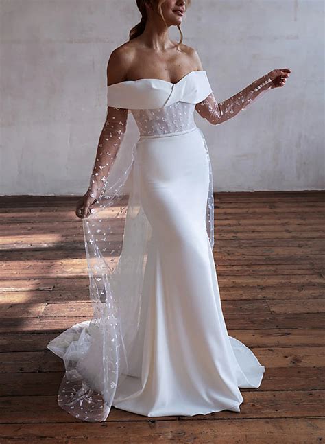 Sheath Off The Shoulder Long Sleeves Sweep Train Laceelastic Satin