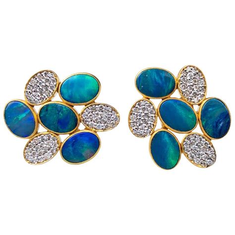 Cassandra Goad Cushion Boulder Opal Pave Diamond Gold Earrings At 1stdibs