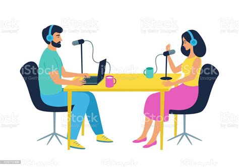 스튜디오에서 팟 캐스트 남성 라디오 진행자가 라디오 방송국에서 여성 게스트를 인터뷰합니다 테이블에서 말하는 헤드폰을 입은 사람들 사람들에 대한 스톡 벡터 아트 및 기타