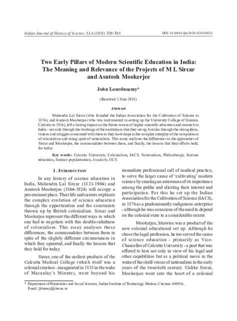 Pdf Two Early Pillars Of Modern Scientific Education In India The