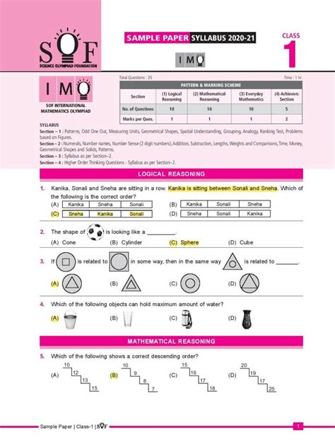 Imo Math Olympiad Sample Practice Paper For Class 5 By