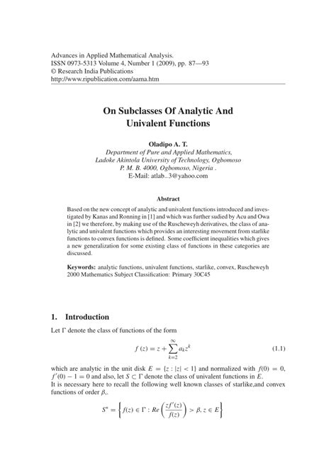 Pdf On Subclasses Of Analytic And Univalent Functions