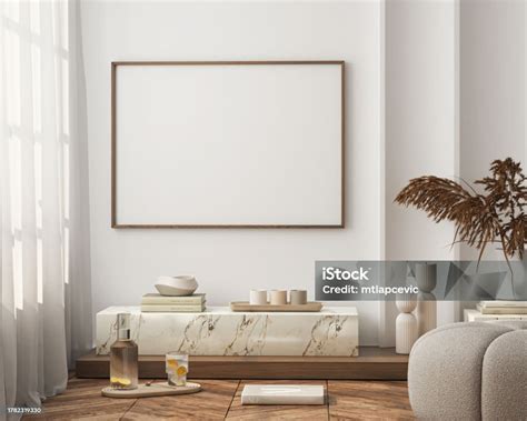 프레임 모형 Iso A 용지 크기 거실 벽 포스터 모형 집 배경이 있는 인테리어 모형입니다 모던한 인테리어 디자인 3d 렌더링 사무실에 대한 스톡 사진 및 기타 이미지