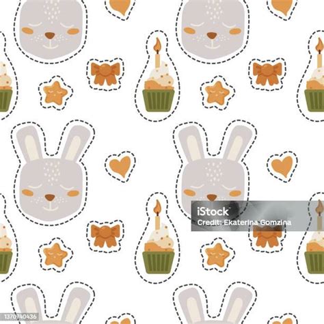 귀여운 토끼 컵 케이크 별의 스티커와 트렌디 한 원한 패턴 배경 배경 텍스처 베이비 샤워 및 성별 파티 개념 포스터 포장지 장식 배너에 대한 준비 0명에 대한 스톡 벡터