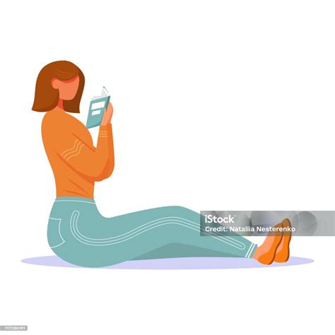 갈색 머리 소녀 읽기 책 평면 벡터 일러스트 레이 션입니다 교과서를 공부하는 학생 레이디 리더 바닥에 앉아 젊은 여성 흰색