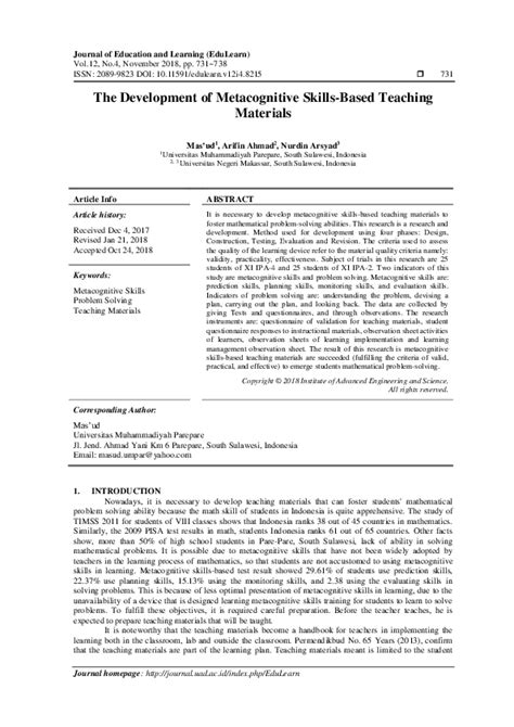 pdf the development of metacognitive skills based teaching materials