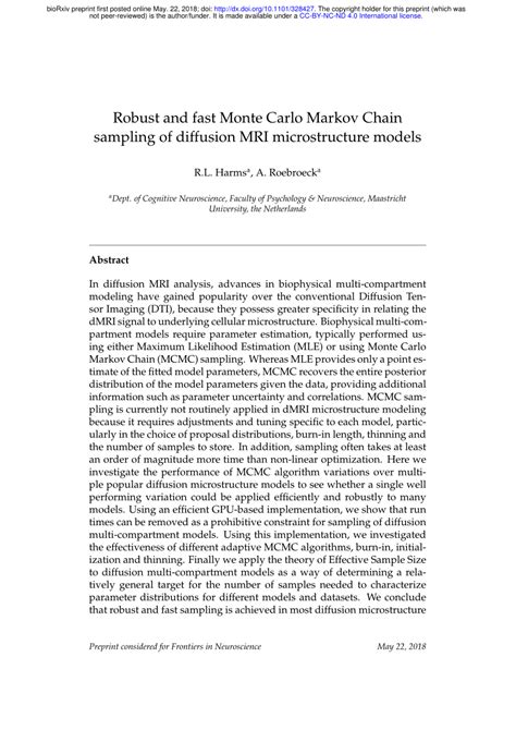 Pdf Robust And Fast Monte Carlo Markov Chain Sampling Of Diffusion Mri Microstructure Models
