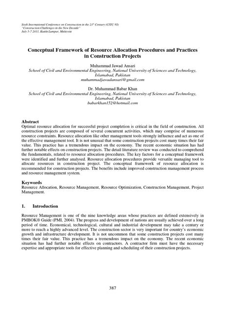 Conceptual Framework Of Resource Allocation Procedures And Practices In Construction Projects