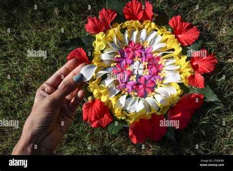 Beautiful Flower Rangoli Also Used As Aarti Thali Decorated On Pooja