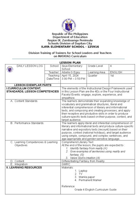 Daily Lesson Plan Format Matatag Curriculum Printable Free Templates