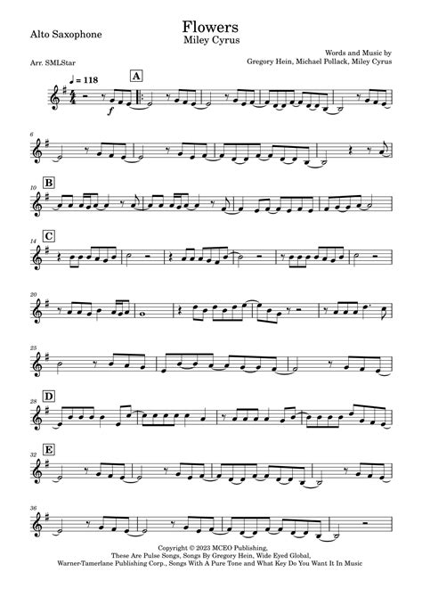 Flowers Arr Smlstar Sheet Music Miley Cyrus Alto Sax Solo