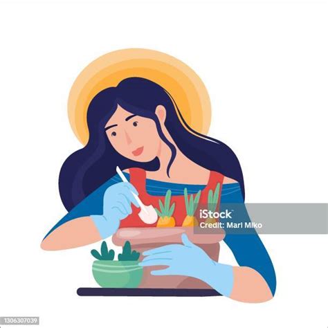 Vektor Kartun Datar Ilustrasi Gadis Tanaman Tanaman Bulat Crocuses Atau