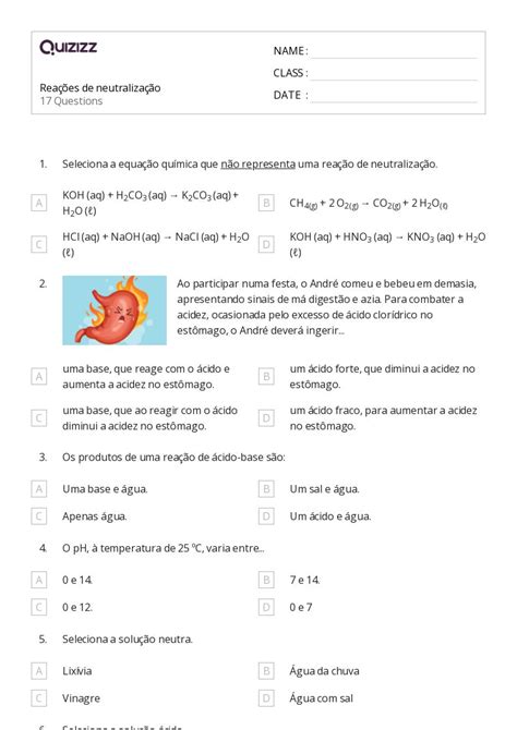 Reações ácido Base Imprimível 10ª Série Planilhas Quizizz