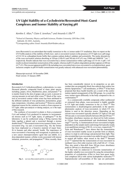 Pdf Uv Light Stability Of α Cyclodextrinresveratrol Hostguest