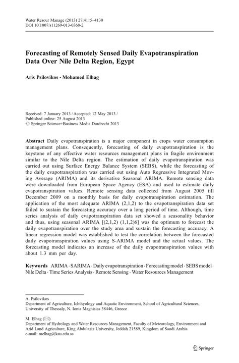 Pdf Forecasting Of Remotely Sensed Daily Evapotranspiration Data Over Nile Delta Region Egypt