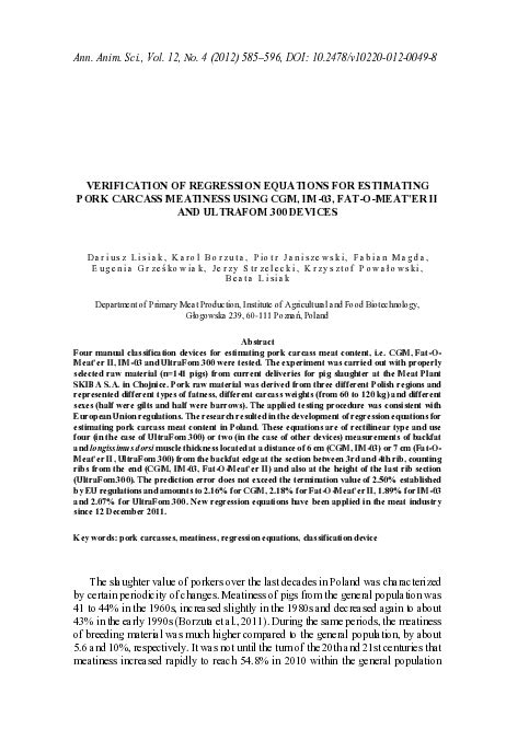 Pdf Verification Of Regression Equations For Estimating Pork Carcass