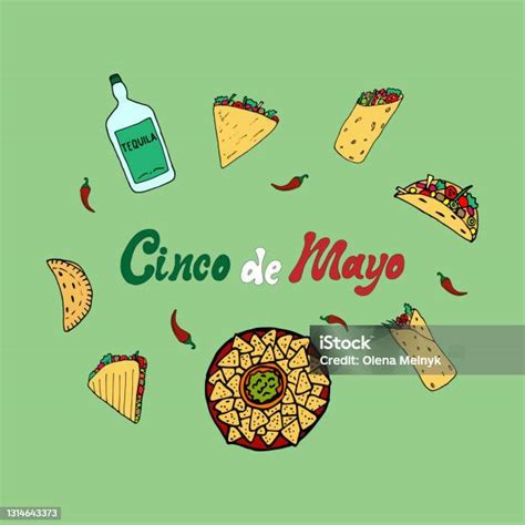 멕시코 휴가의 축하를위한 Cinco De Mayo 배경 템플릿 손으로 그린 데킬라 과카몰리 나초 타코 부리토 엠파나다 케사딜라가