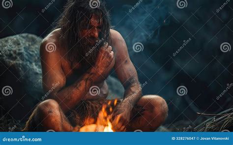 Ancient Caveman With Long Hair And Beard Sitting By A Fire Stock