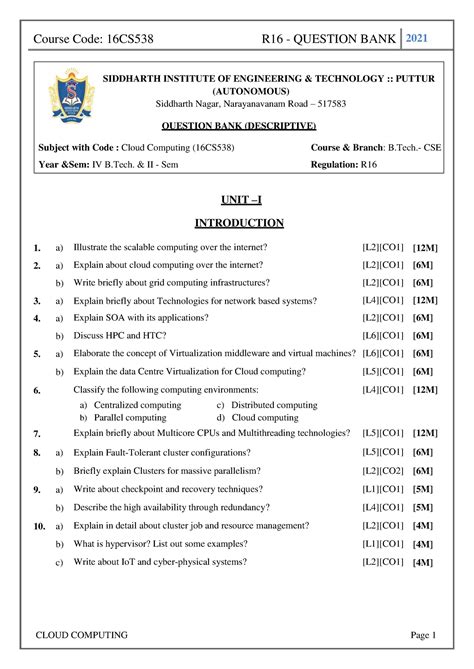 16CS538 Cloud Computing Long Answer UNIT I INTRODUCTION 1 A