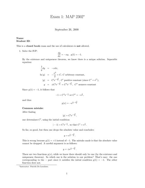 Exam 1 Questions Elementary Differential Equations Map 2302 Docsity